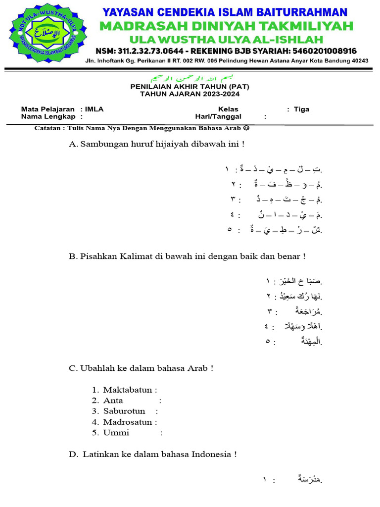 Soal Imla Kelas 3 . | PDF