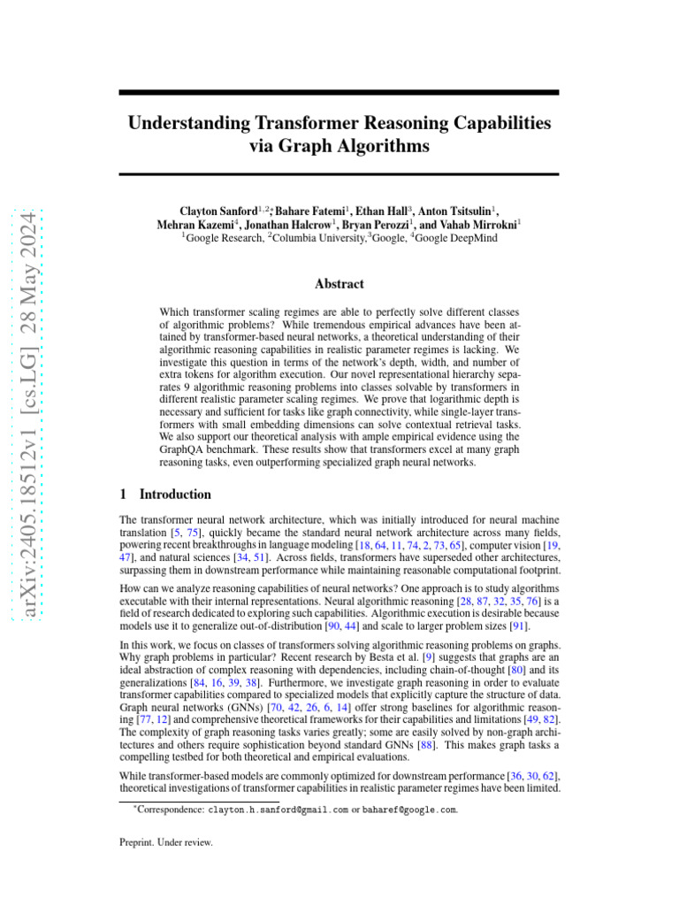 (2024) Understanding Transformer Reasoning Capabilities Via Graph Algorithms (Sanford, Fatemi ...