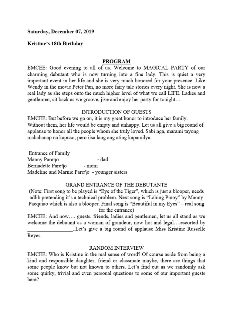 Kristine Debut Script | PDF | Birthdays