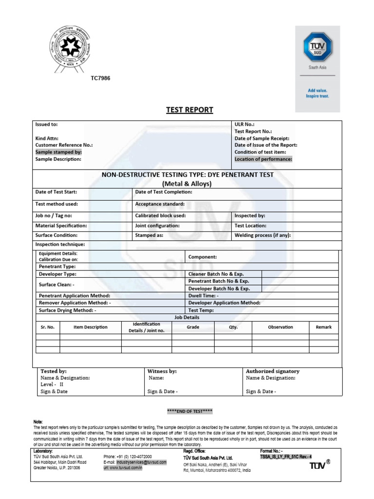Dye Penetrant Test Report Format | PDF | Mechanical Engineering ...