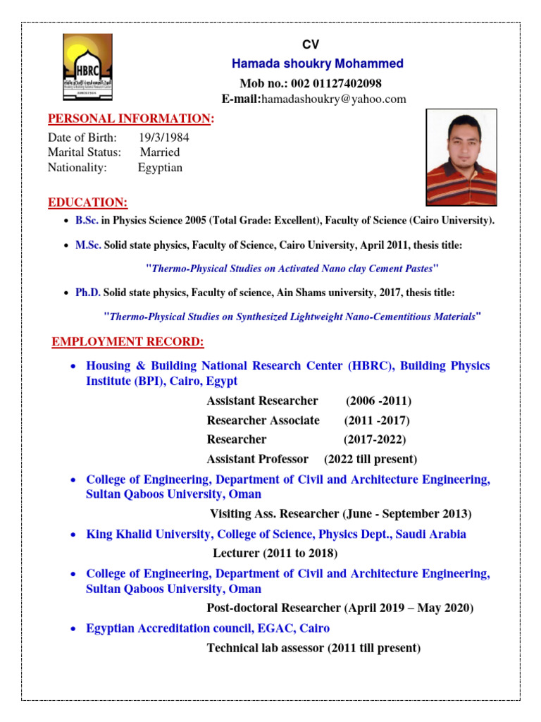 CV-hamada Shoukry Mohamed July 2024 | PDF | Cement | Engineering