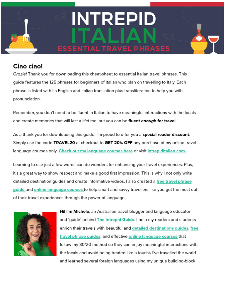 The Intrepid Guide 125 Italian Travel Phrases Cheat Sheet | PDF ...