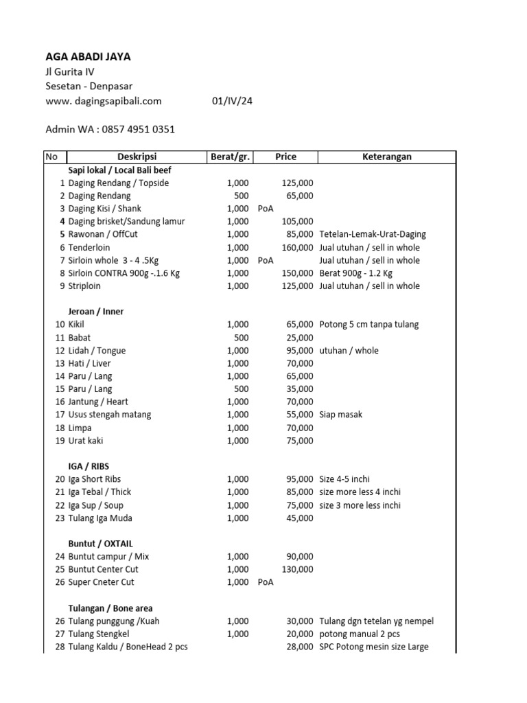 Price List April 24 | PDF | Beef | Food Industry
