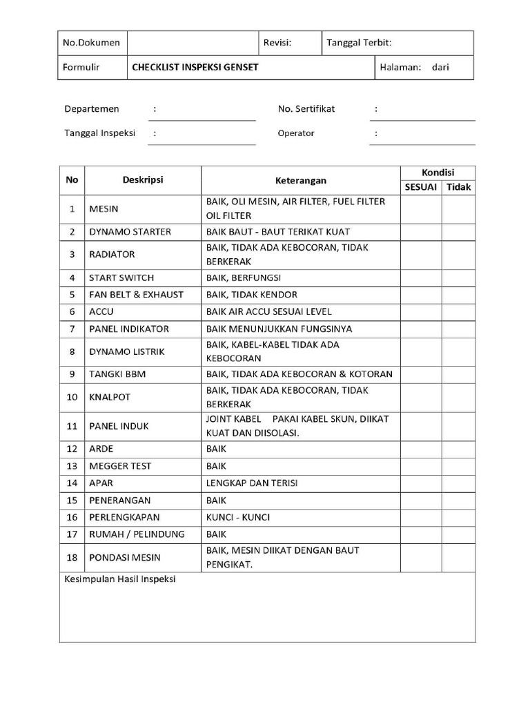 Form Check List Inspeksi Genset | PDF