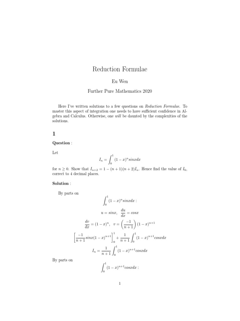 Reducation Formulae Few Solved Questions | PDF | Mathematics | Mathematical Analysis