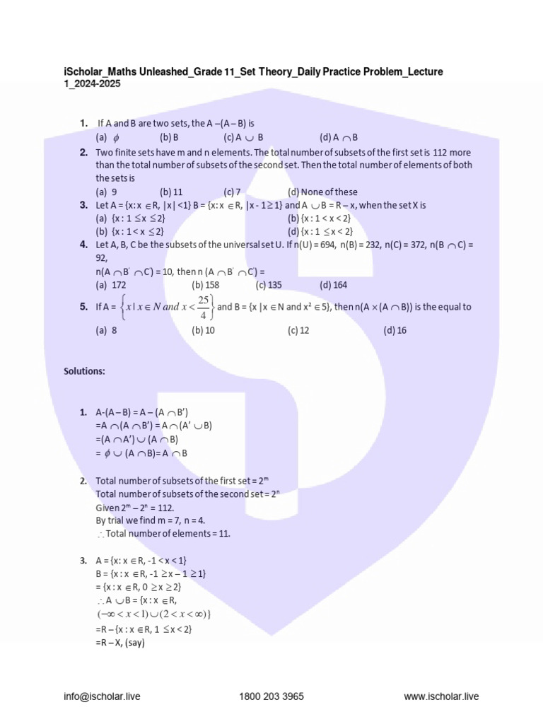 Grade 11 Set Theory Practice Problems | PDF | Mathematical Notation | Infinity