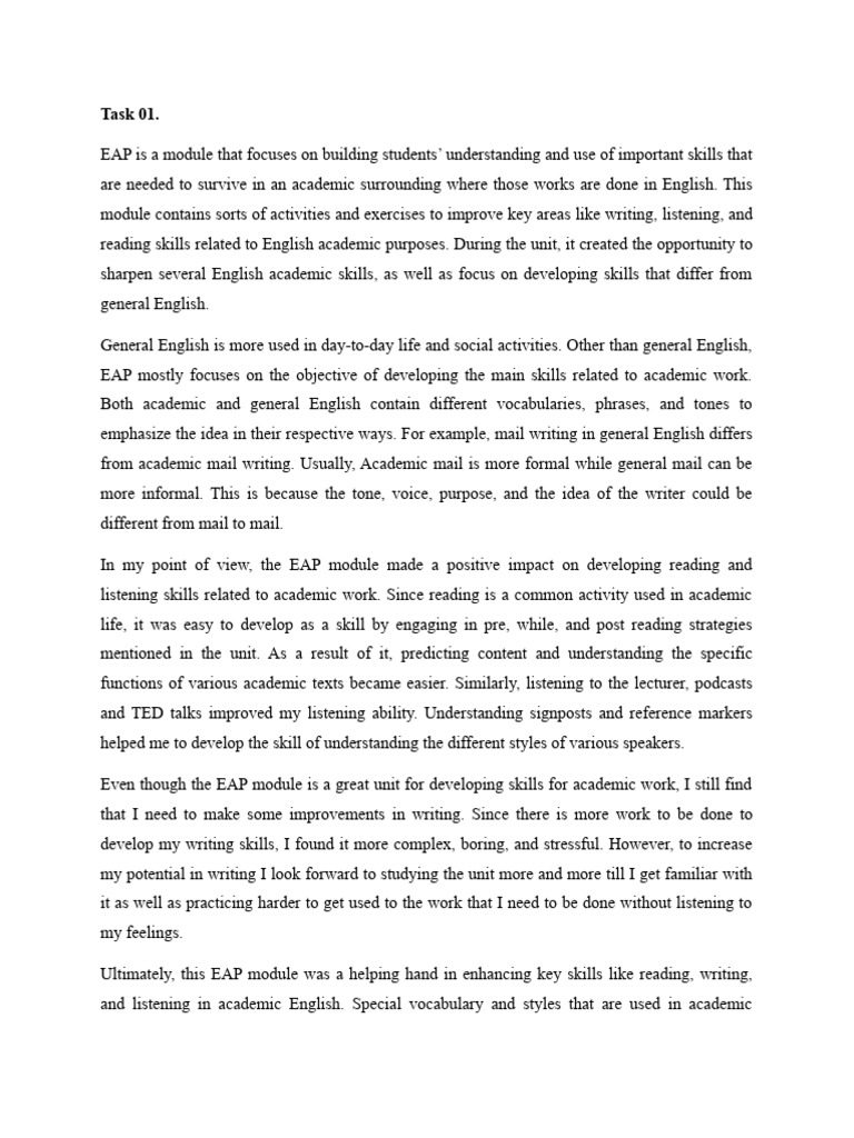 EAP Task 01 | PDF | English Language | Behavior Modification