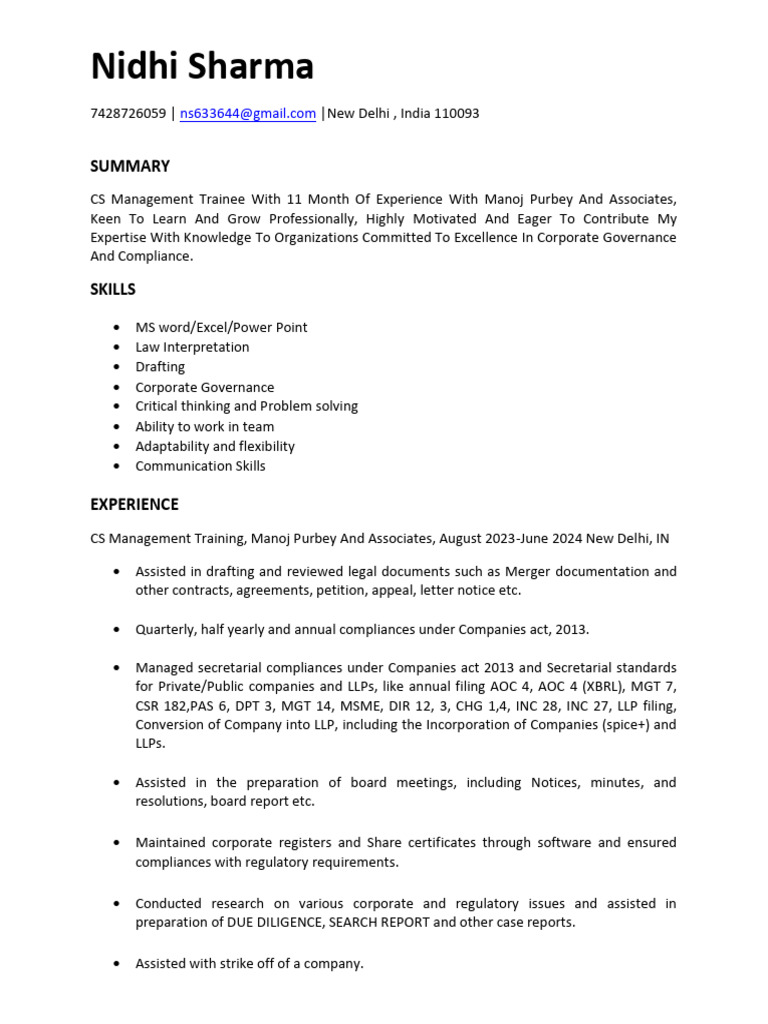 Resume Nidhi Sharma | PDF | Business | Business Economics
