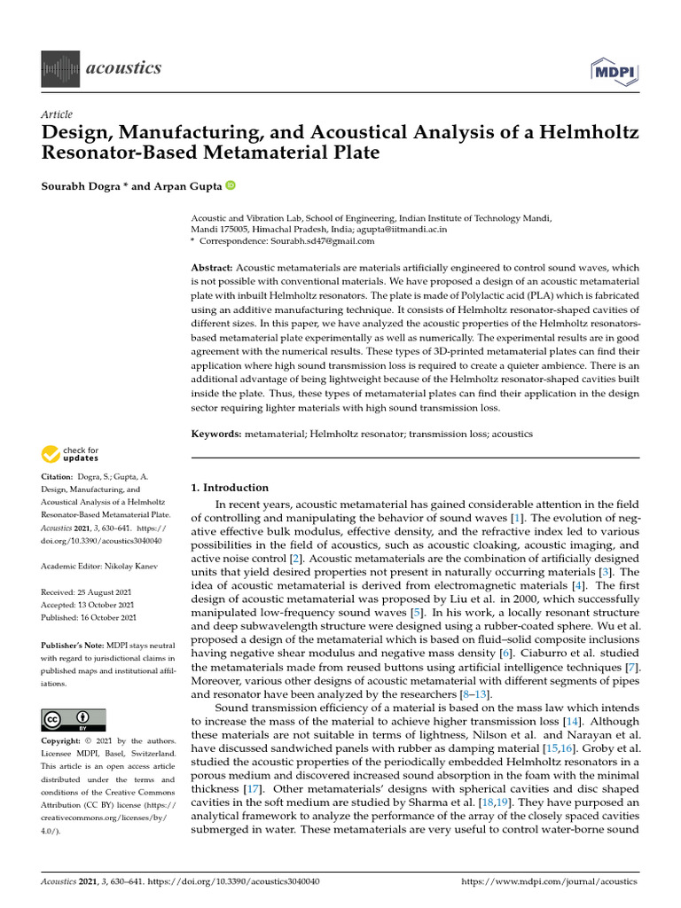Design, Manufacturing, and Acoustical Analysis of A Helmholtz Resonator ...