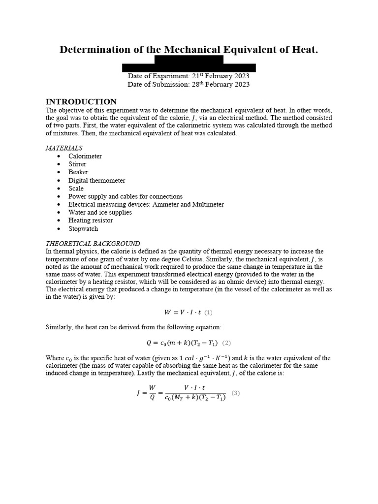Mechanical Equivalent of Heat Experiment | PDF | Temperature | Heat