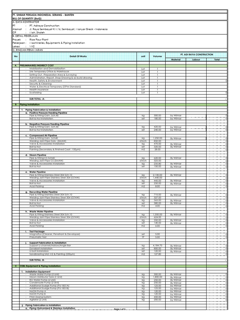BOQ ARC Piping ISBL & OSBL Rice Flour & WWTP Area | PDF | Pipe (Fluid ...
