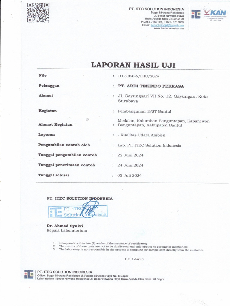 Hasil Uji Lab Udara Dan Kebiisingan TPST Bantul | PDF