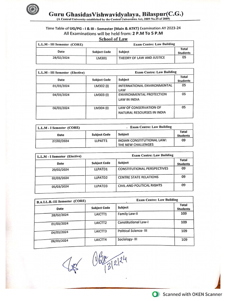 (LAW) Time Table of UG III & I AY-2023-24 | PDF