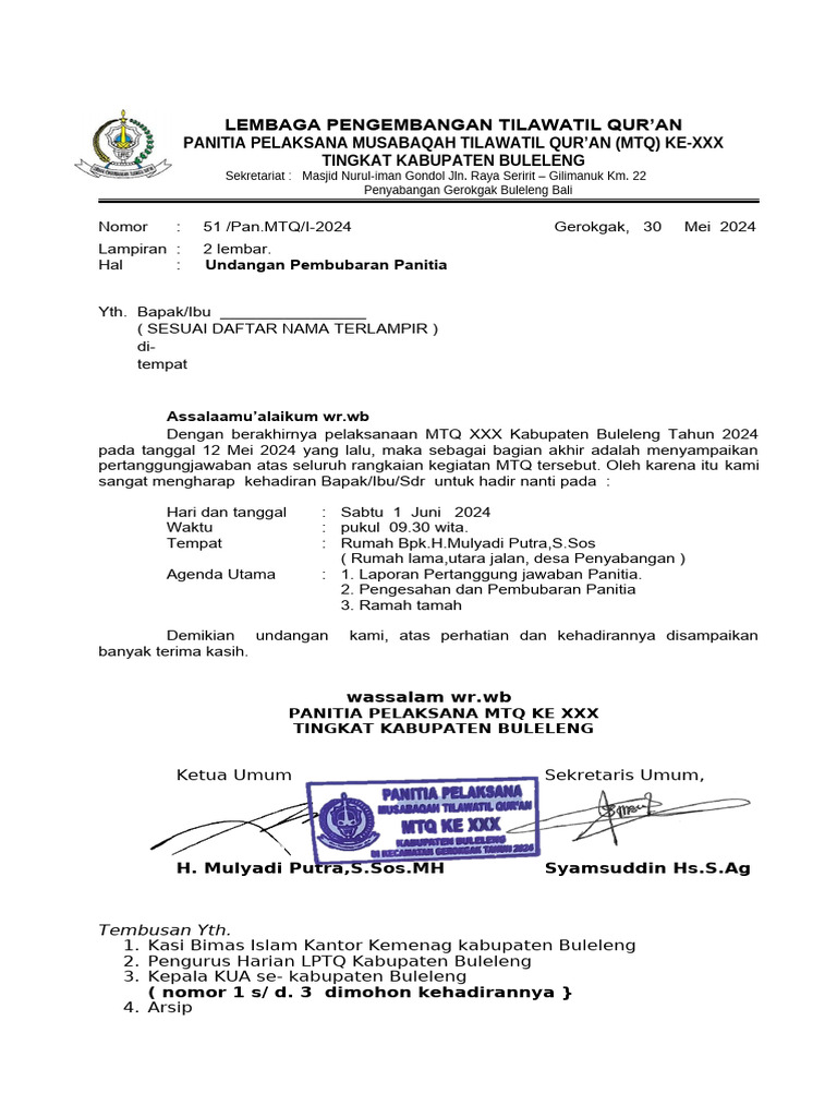 UNDANGAN PEMBUBARAN PANITIA MTQ Oke | PDF