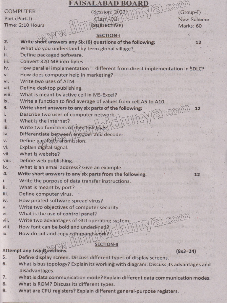 Past Paper 2023 Faisalabad Board Inter Part I Computer Science Subjective | PDF