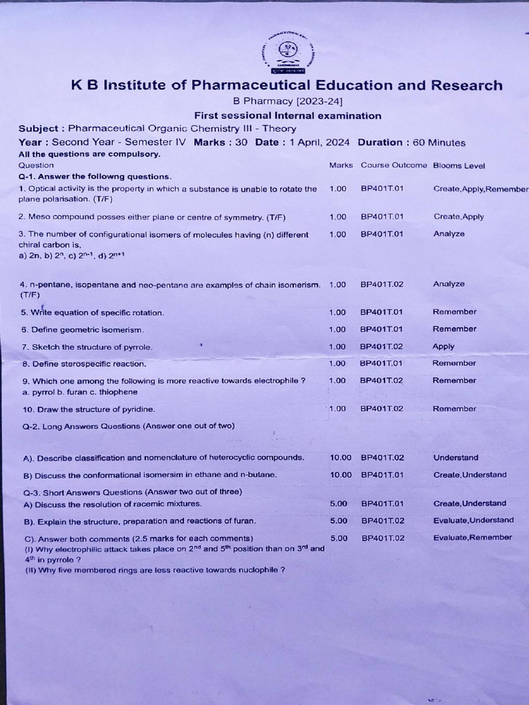 1st & 2nd Sessional Exam Paper Sem 4 | PDF | Emulsion | Colloid