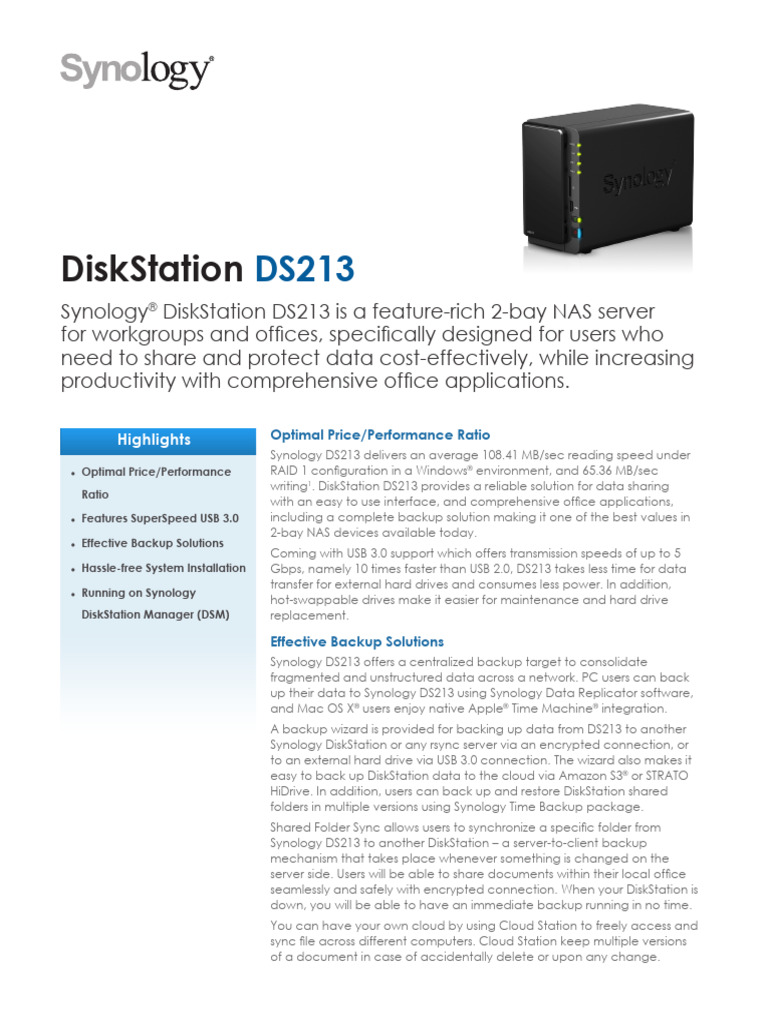 Synology DS213 Data Sheet Enu | PDF | File Transfer Protocol | Usb