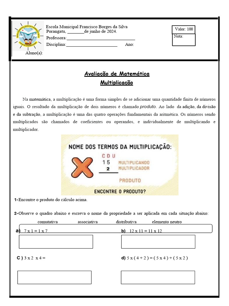 Avaliação De Matemática 2 Bimestre Adaptada 2024 Pdf Multiplicação