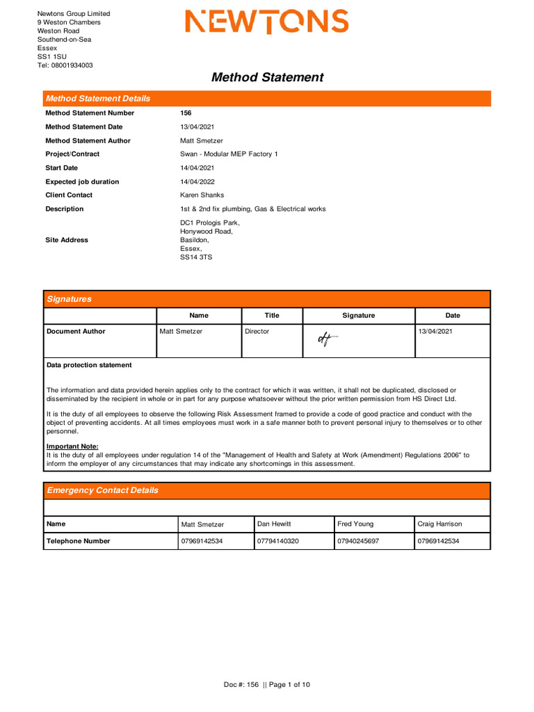 1st & 2nd Fix Plumbing, Gas & Electrical Works - Method Statement | PDF ...