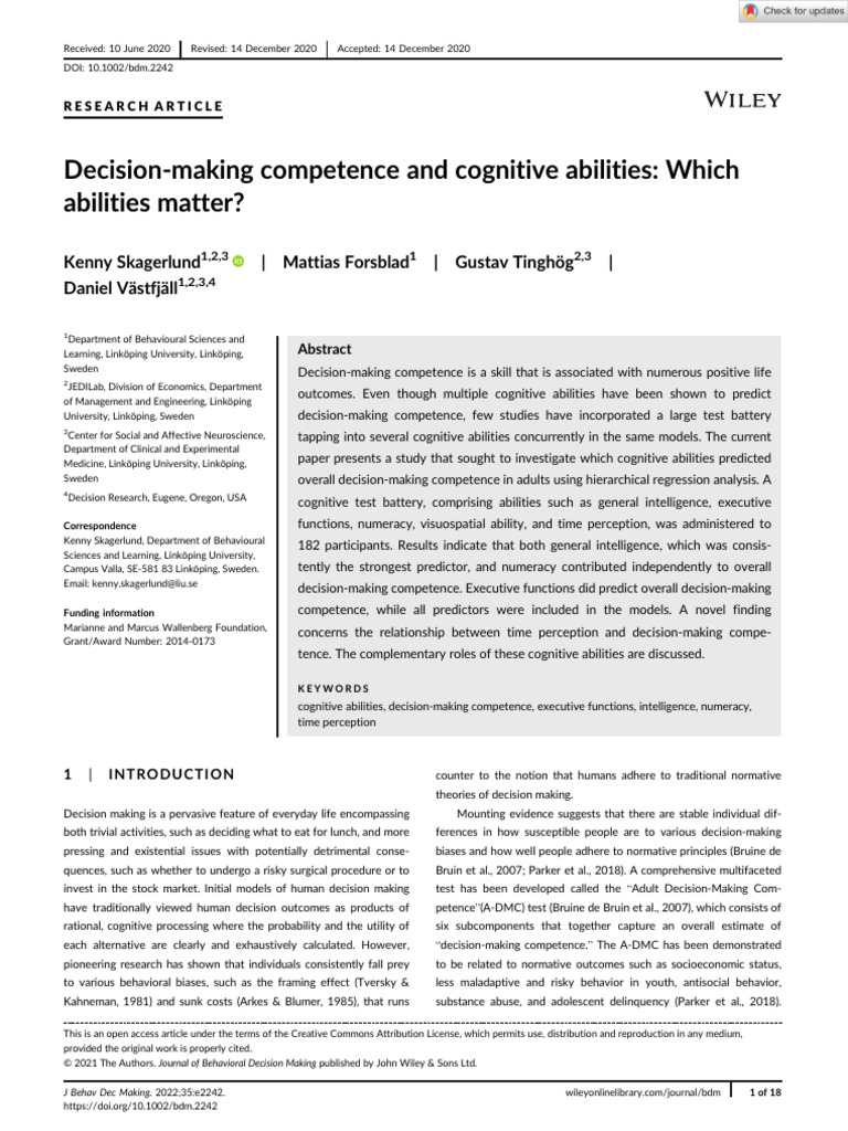 Behavioral Decision Making - 2021 - Skagerlund - Decision Making ...