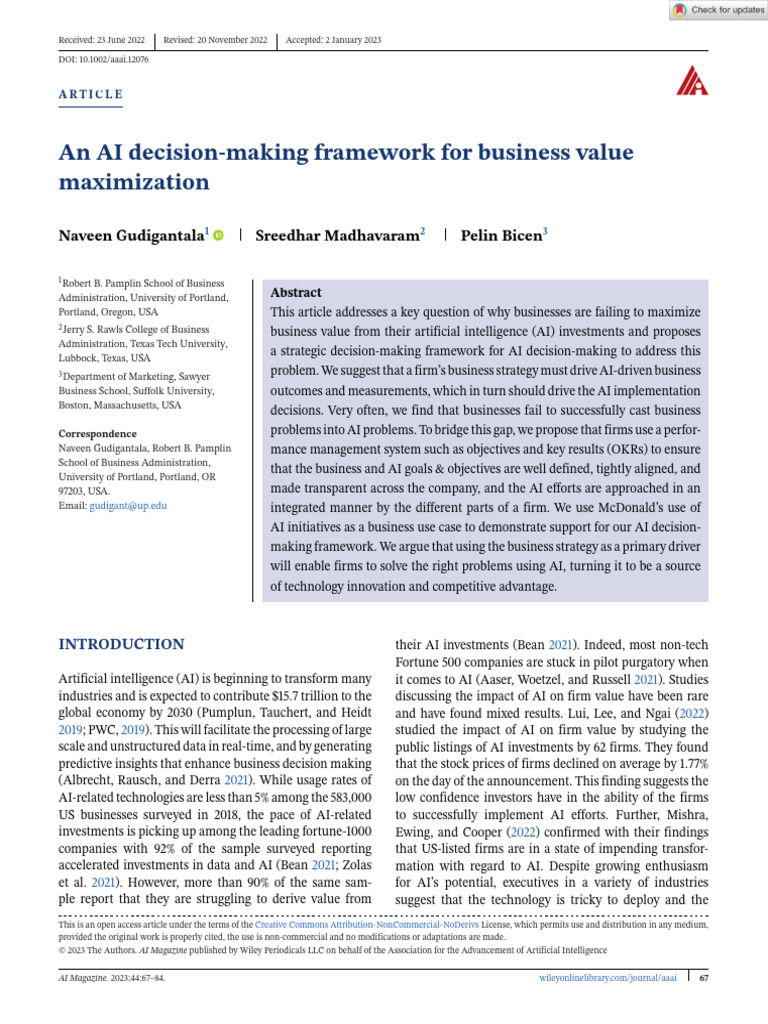 AI Magazine - 2023 - Gudigantala - An AI Decision‐Making Framework for Business Value ...