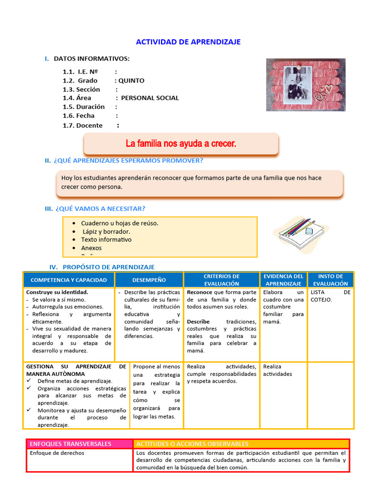 D1 A2 SESION PS. La Familia Nos Ayuda A Crecer. | PDF | Evaluación | Aprendizaje