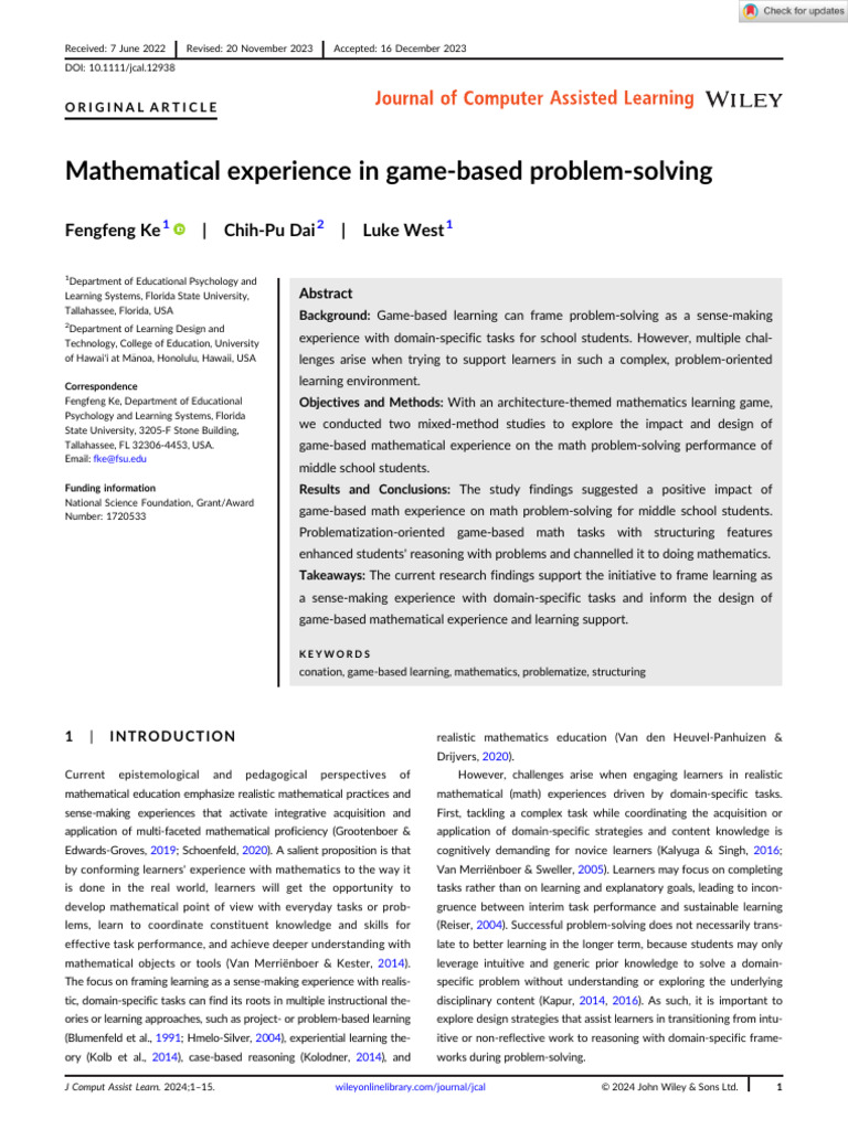 Computer Assisted Learning - 2024 - Ke - Mathematical Experience in Game Based Problem Solving ...