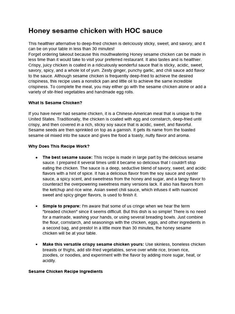 Honey Sesame Chicken With HOC Sauce | PDF | Sauce | Sesame