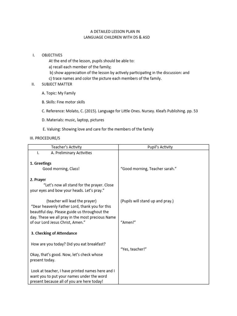 A Detailed Lesson Plan in Language Children With Ds | PDF | Prayer ...