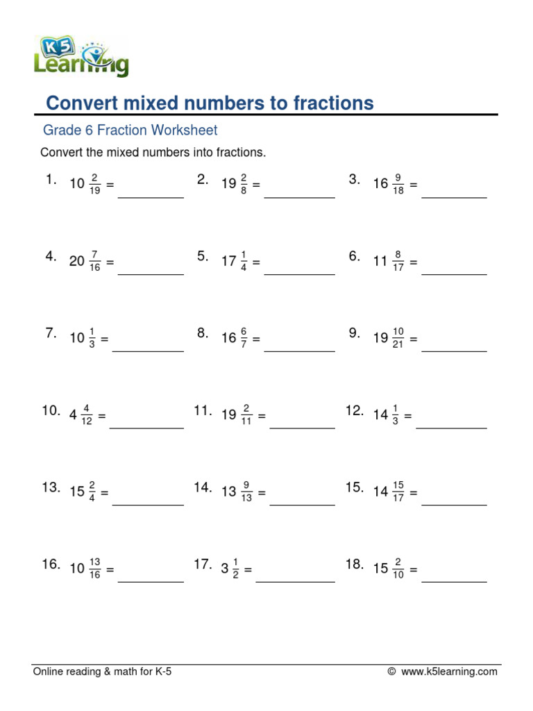 Grade 6 Converting Mixed Numbers To Fractions A | PDF | Mathematical ... Grade 6 Converting Mixed Numbers To Fractions A | PDF | Mathematical ...