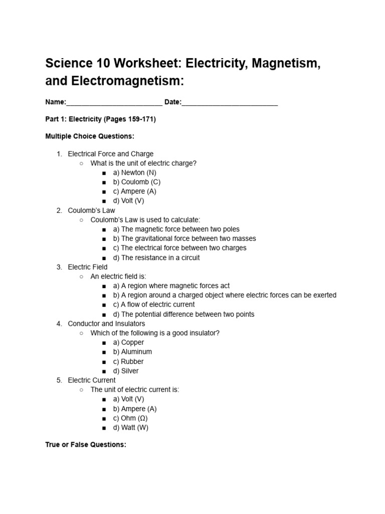 Science 10 Worksheet - Electricity, Magnetism, and Electromagnetism ...