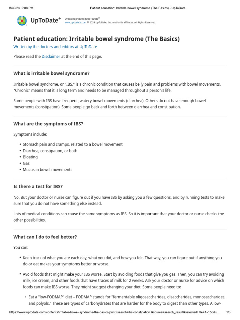 Patient Education - Irritable Bowel Syndrome (The Basics) - UpToDate | PDF | Irritable Bowel ...