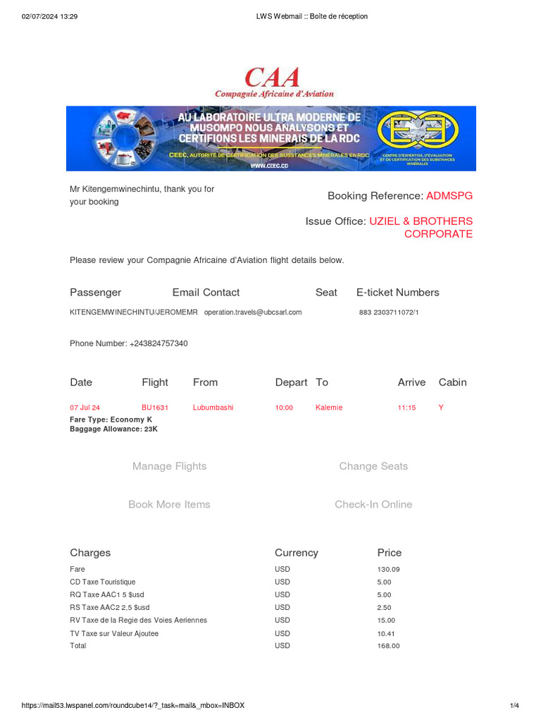 LWS Webmail - Boîte de Réception KITENGE | PDF | Airlines | Civil Aviation