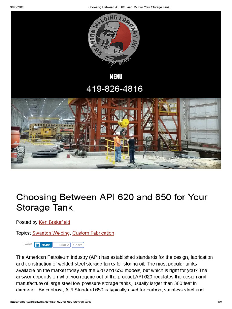 Choosing Between API 620 and 650 For Your Storage Tank | PDF | Steel ...