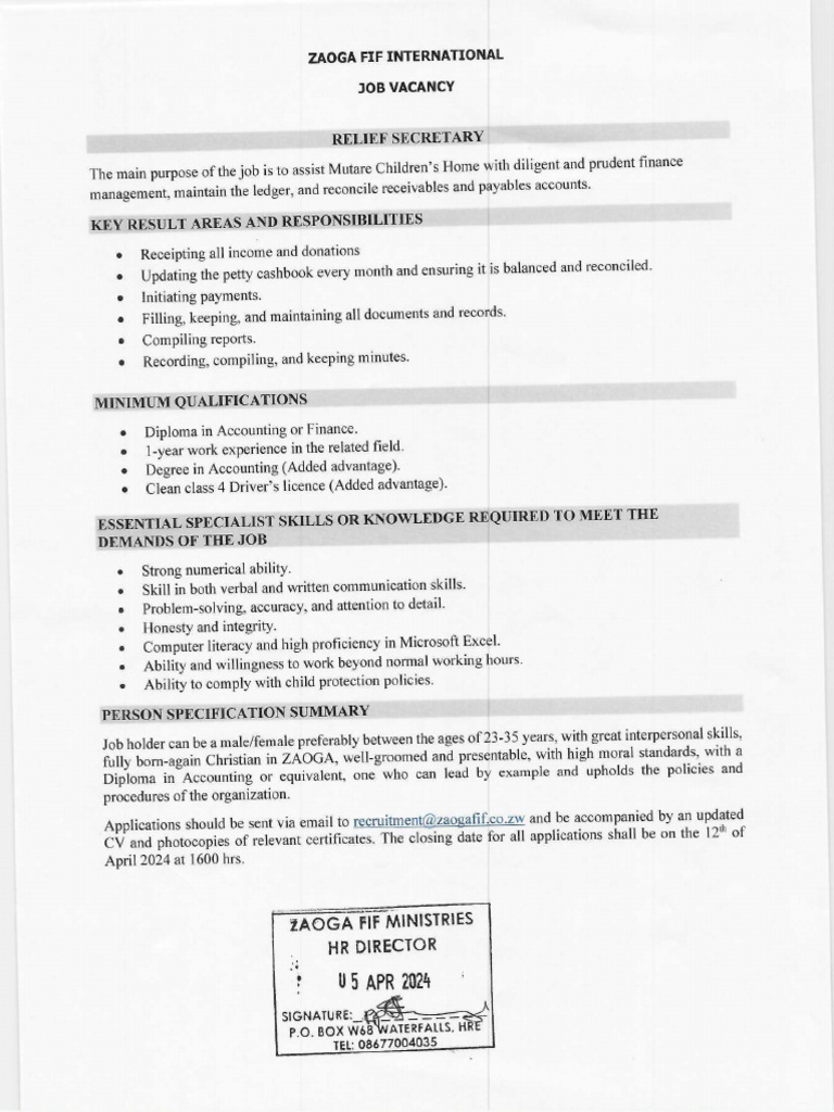 Relief Secretary JOB ADVERT | PDF