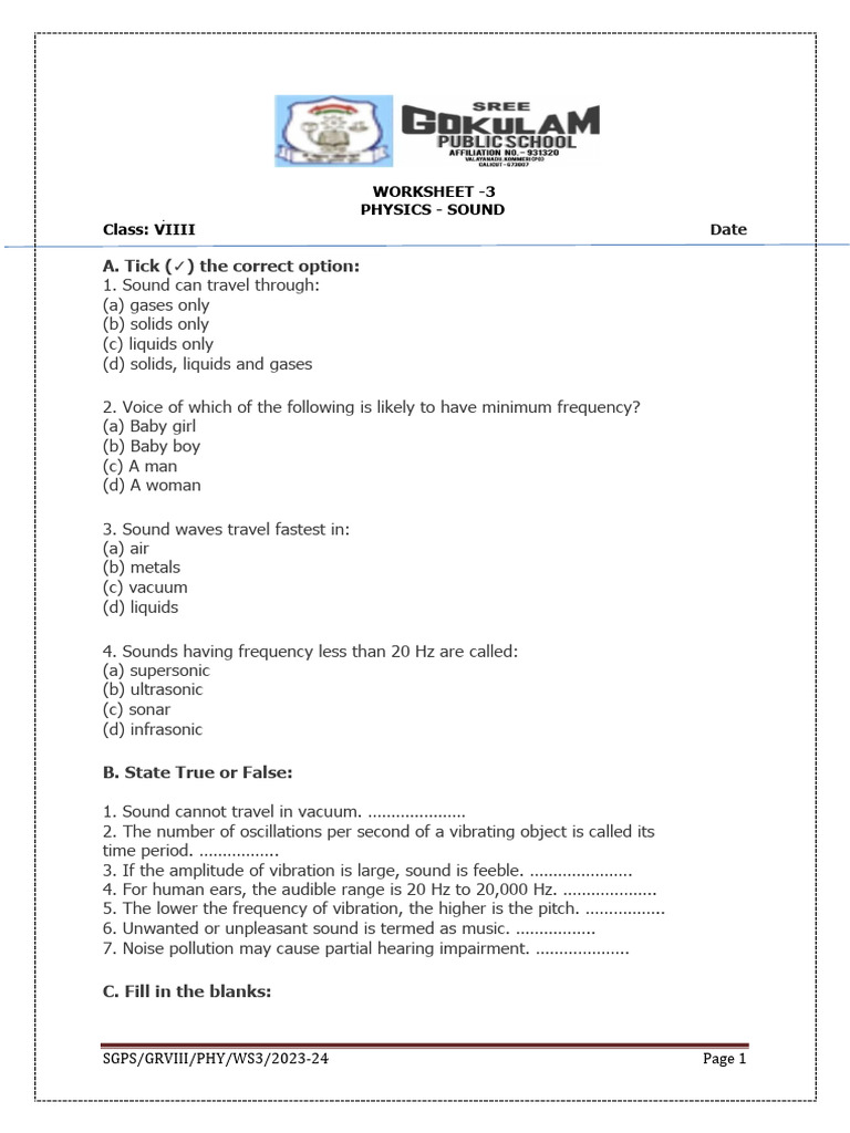 Sound Worksheet | Download Free PDF | Sound | Frequency