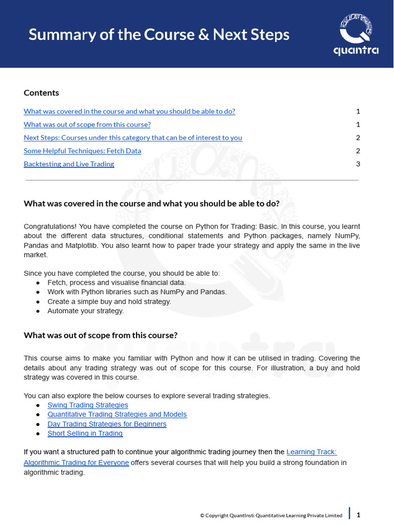 Course Summary and Next Steps | PDF | Algorithmic Trading | Option (Finance)