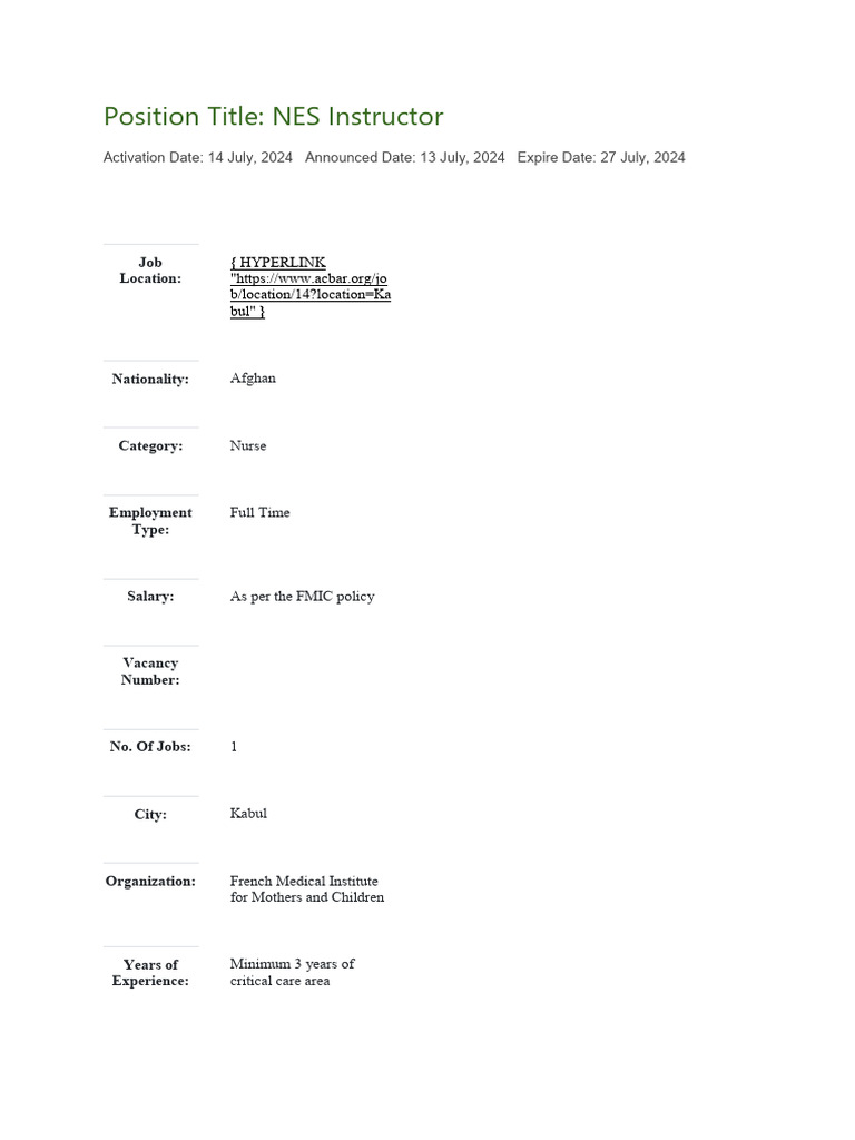 NES Instructor Position at FMIC | PDF | Nursing | Health Care