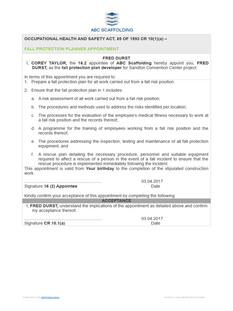 Fall Protection Plan Developer - FRED DURST | PDF | Occupational Safety ...