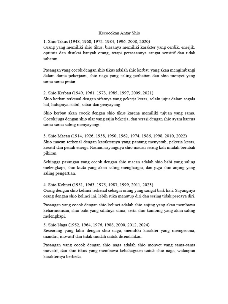 Kecocokan Antar Shio | PDF