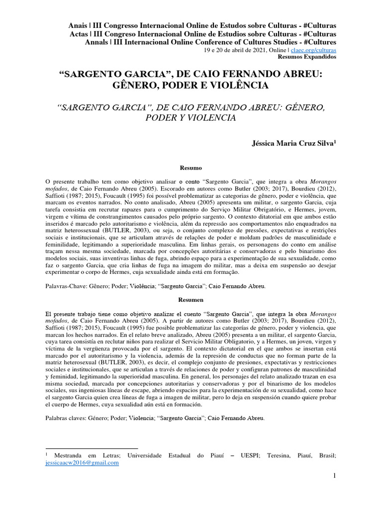 SILVA, Jéssica Maria Cruz Silva. Sargento Garcia de Caio Fernando Abreu ...