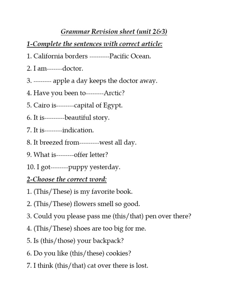Grammar Revision Sheet Units 2& 3 G8 | PDF