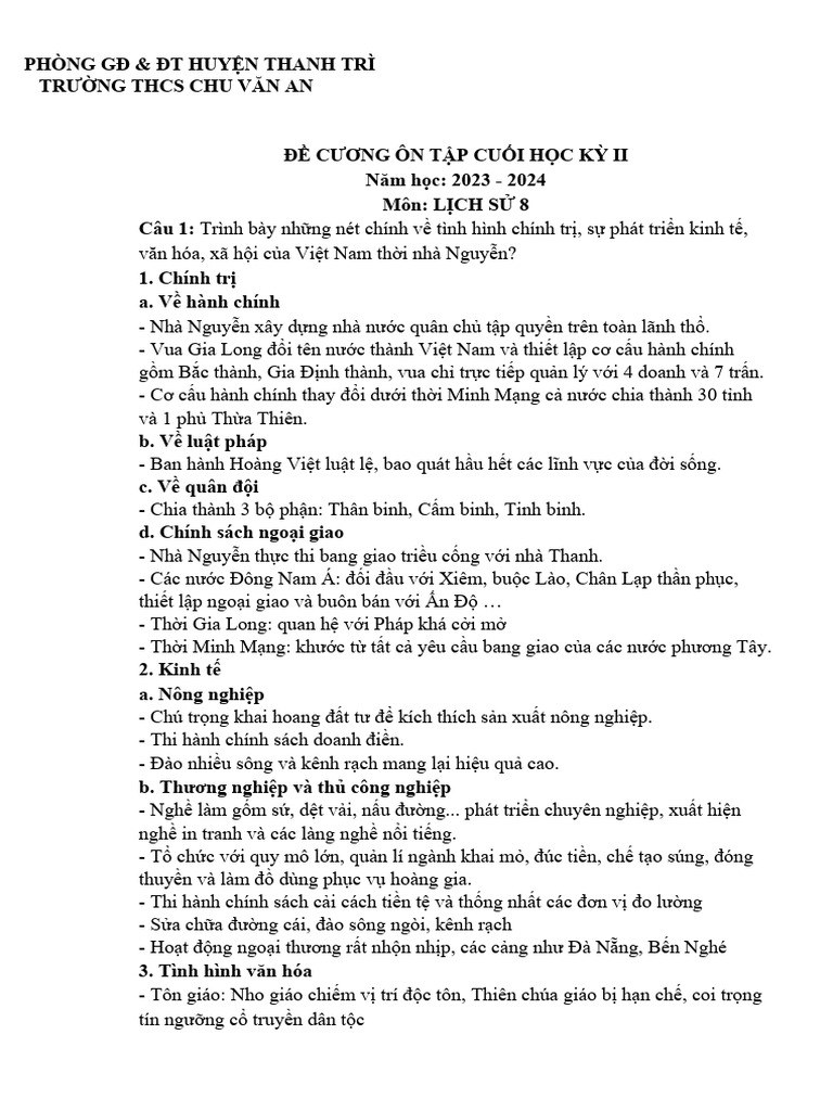 Sử 8 - Đề Cương Cuối Hkii | PDF