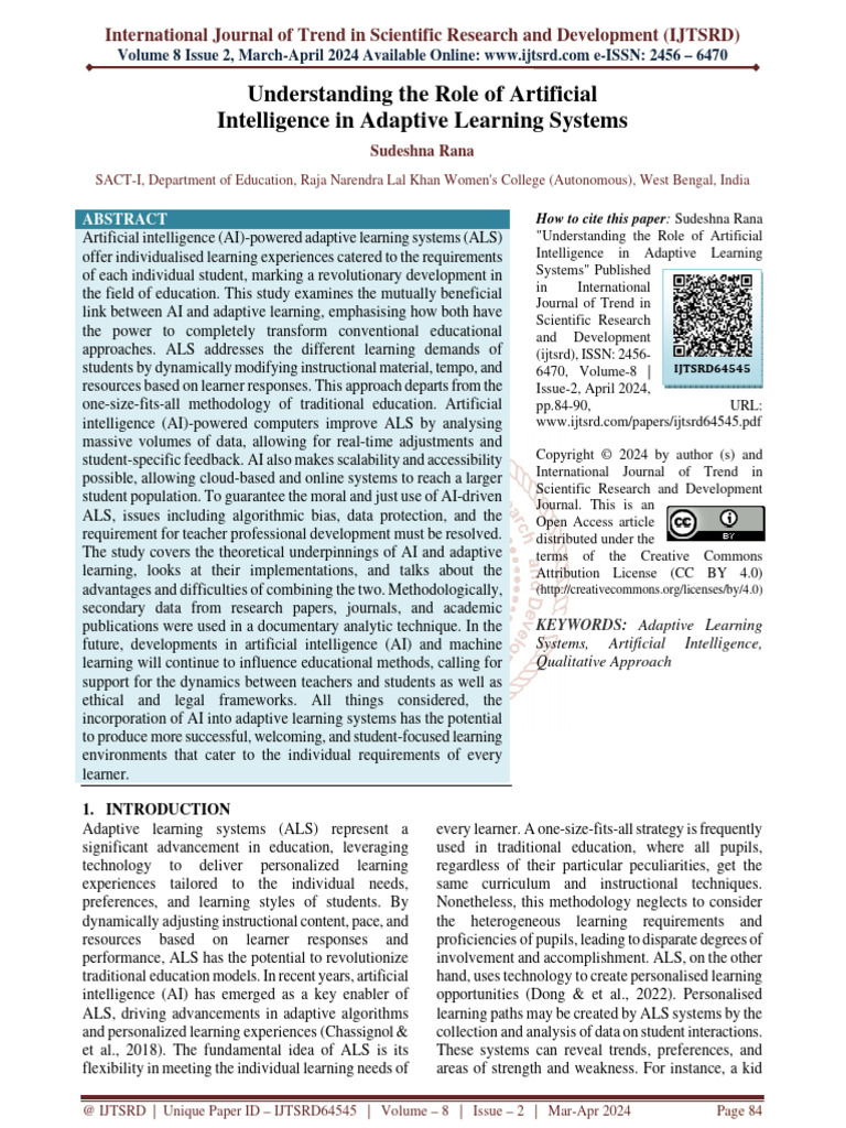 Understanding the Role of Artificial Intelligence in Adaptive Learning Systems | PDF ...
