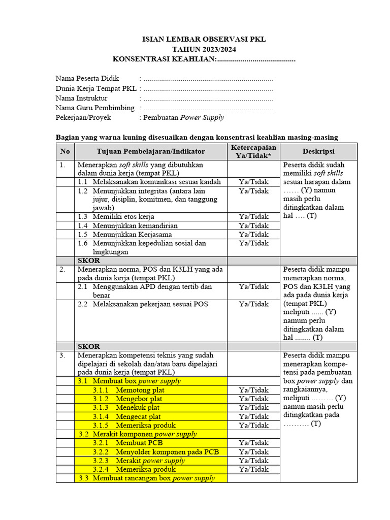 ISIAN LEMBAR OBSERVASI PKL_Untuk Kajur | PDF