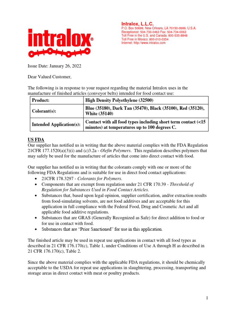 Intralox Compliance Letter No Foam | PDF | Science & Mathematics