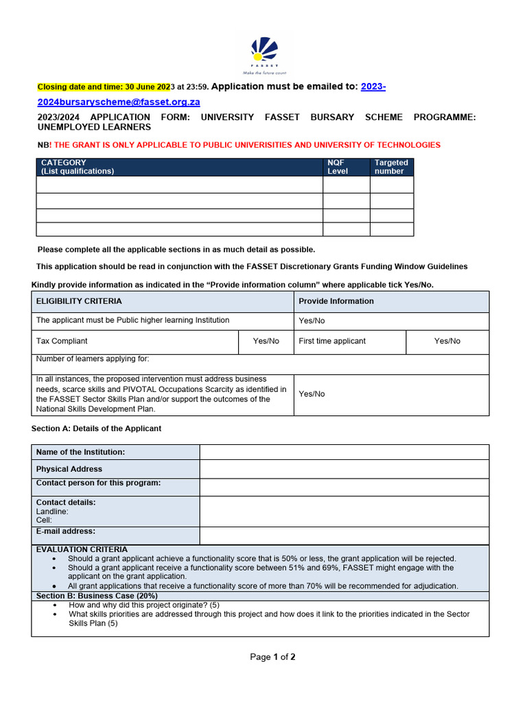 2023-2024 Application Forms - Fasset Bursary Scheme - Edited 29 04 2023 | PDF | Mentorship