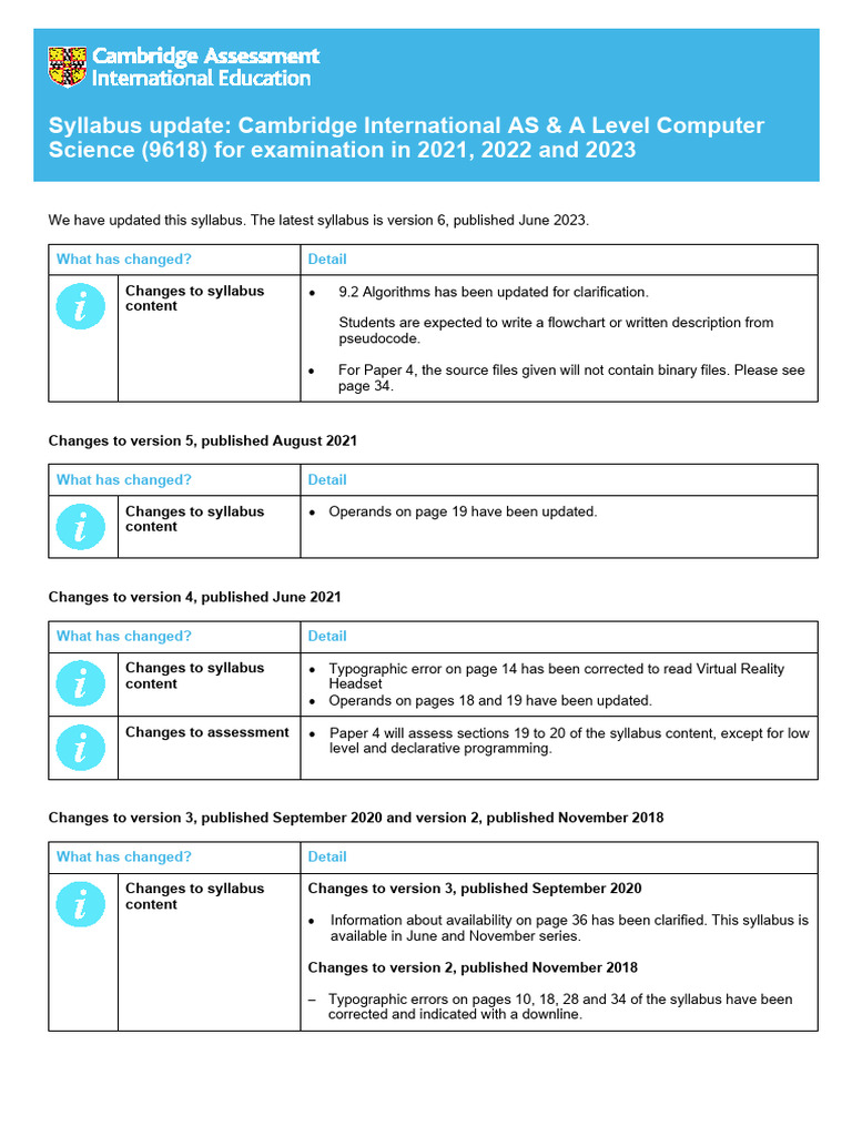 Cambridge AS & A Level Computer Science Syllabus Update | PDF | Computing | Computer Science