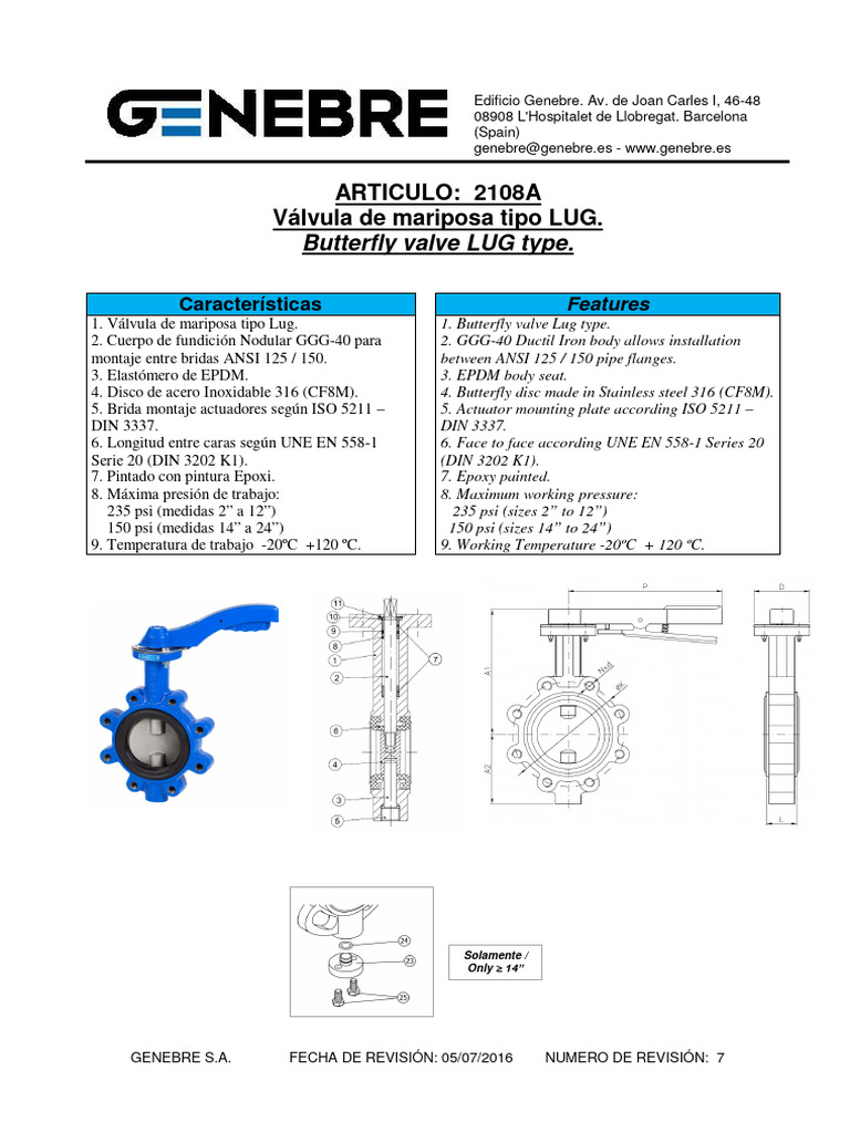 Válvula de Mariposa Tipo Lug 2108A | PDF | Plomería | Materiales