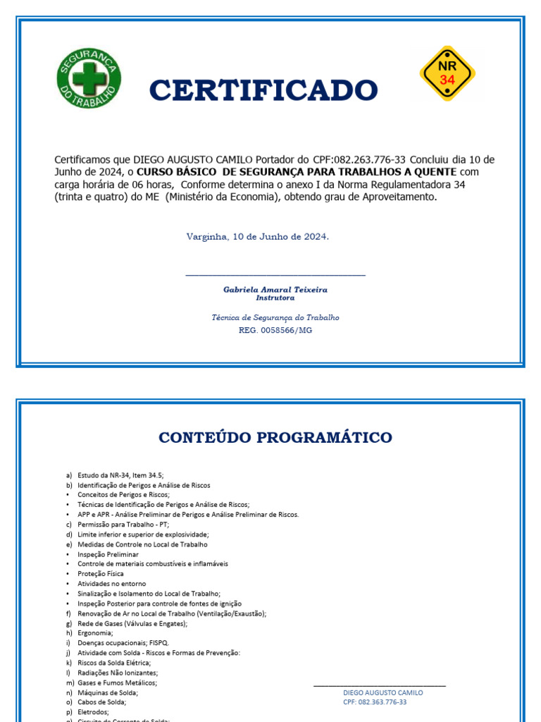 CERTIFICADO - NR 34 - Trabalho A Quente | PDF | Ciências e Matemática | Computadores